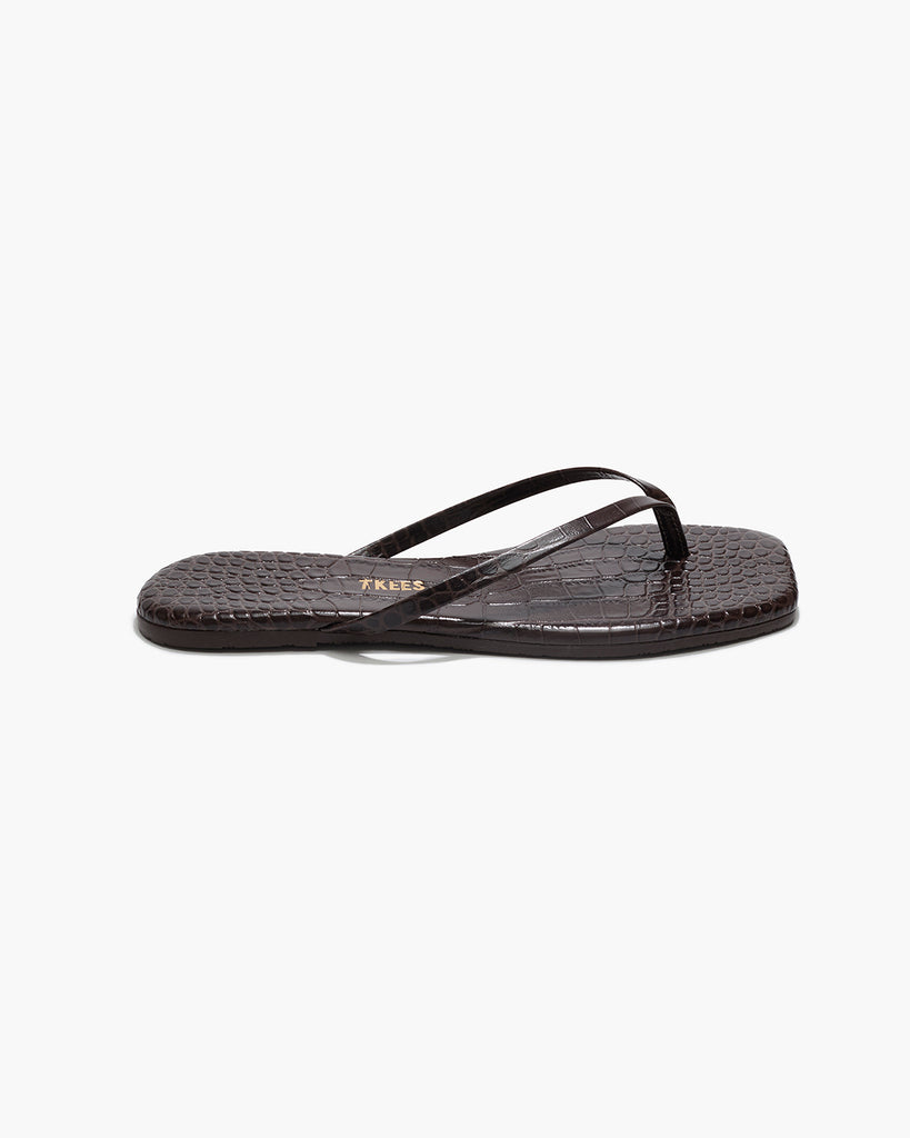TKEES Square Toe Lily Croc Leather Flip Flops in Carob