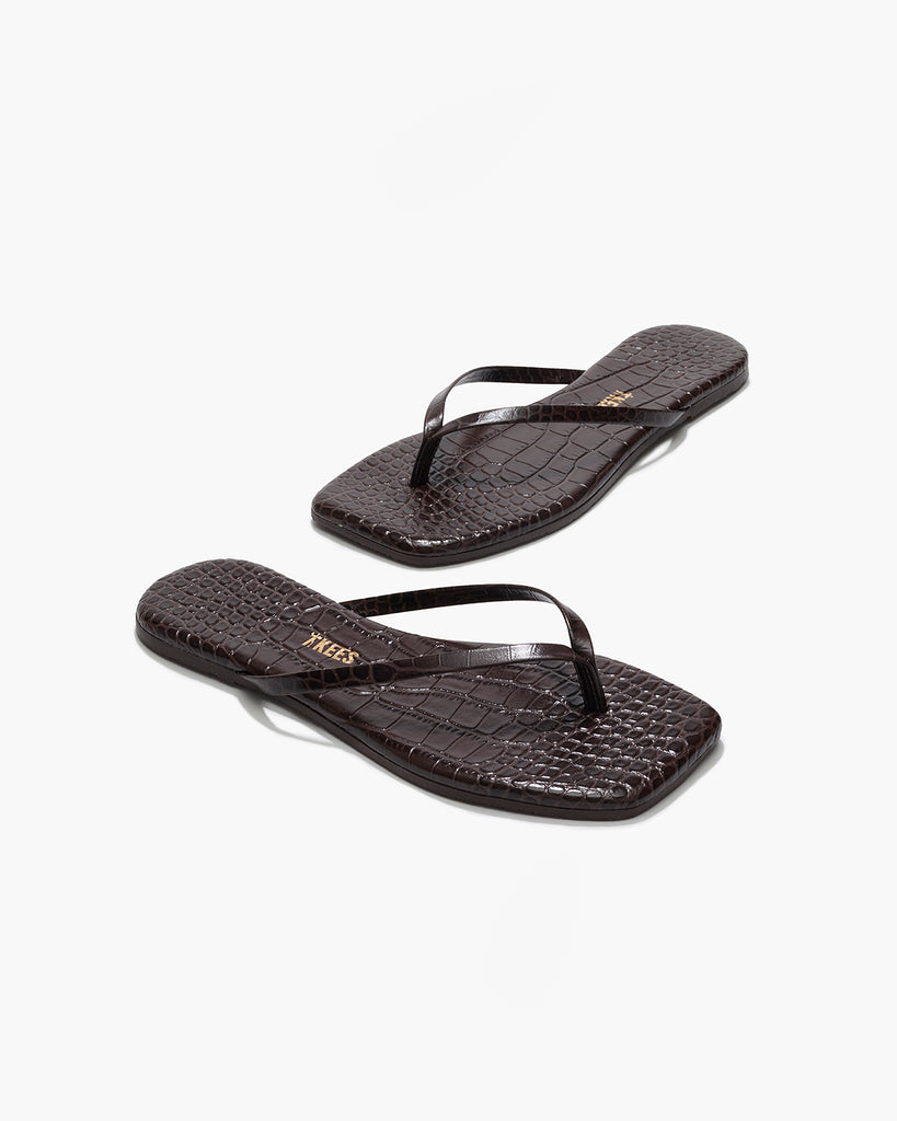TKEES Square Toe Lily Croc Leather Flip Flops in Carob