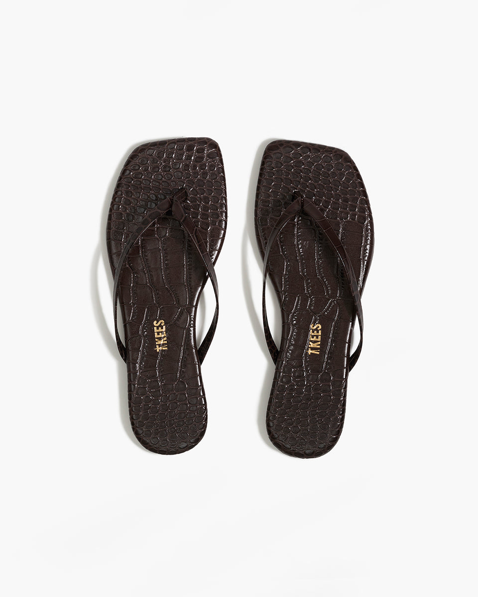 TKEES Square Toe Lily Croc Leather Flip Flops in Carob