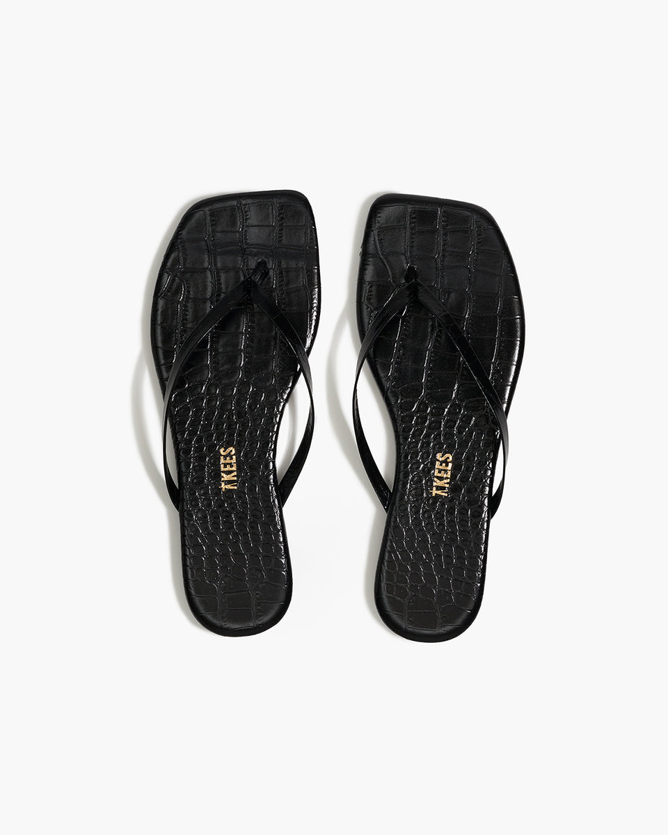 TKEES Square Toe Lily Croc Leather Flip Flops in Sable